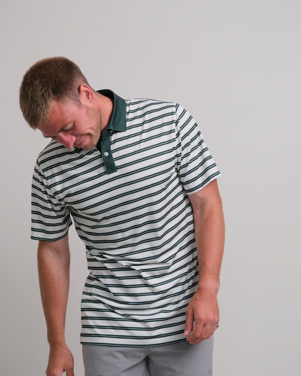 Cream & Green Polo Shirt Men | Striped Performance Polo | &Collar Tropic